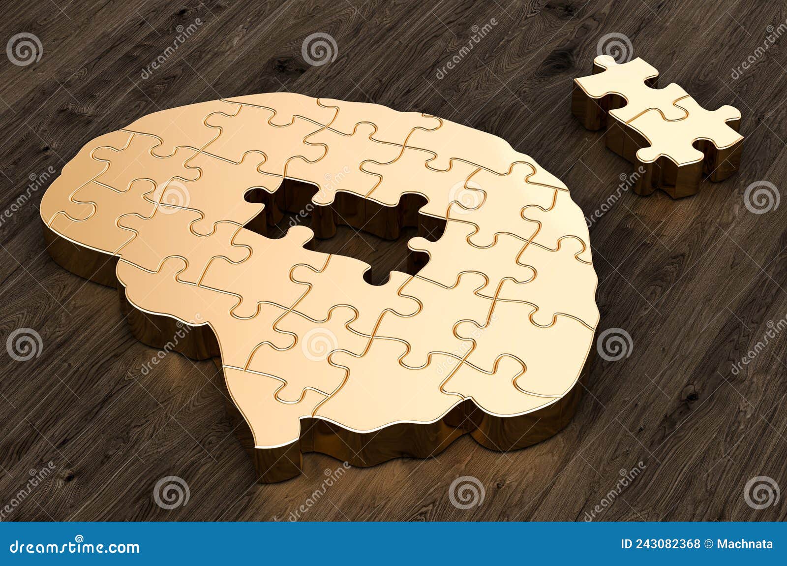 Brain from Golden Puzzles on the Table, 3D Rendering Stock Illustration ...