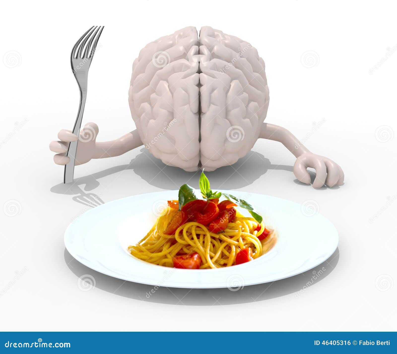 Brain with Hands, Fork in Front of a Spaghetti Dish Stock Illustration ...