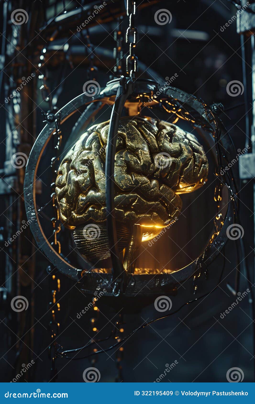 A Brain Hanging from Chains in a Dark Room Stock Image - Image of ...