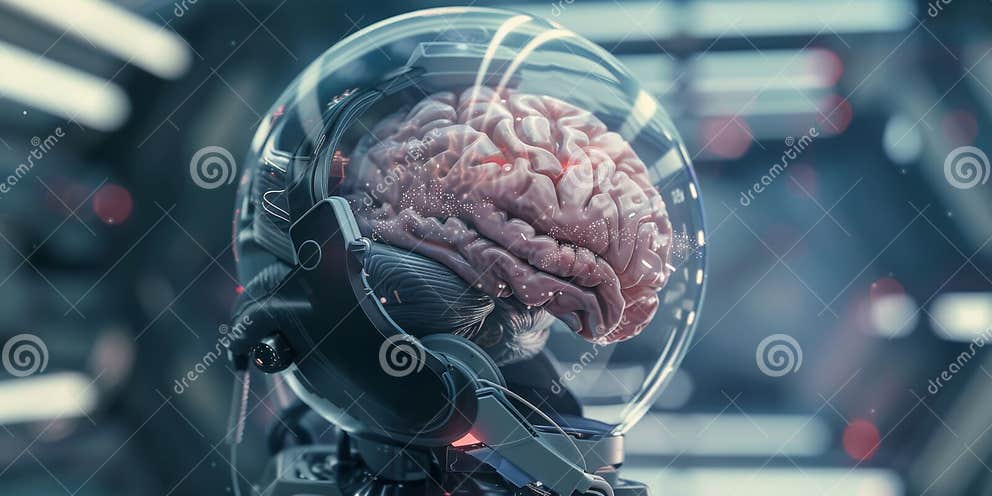 Brain in High-Tech Helmet, Neuroscience and Futuristic Technology Stock ...