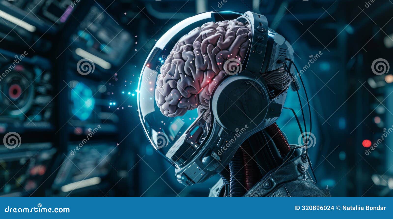 Brain in High-Tech Helmet, Symbolizing Integration of Human ...