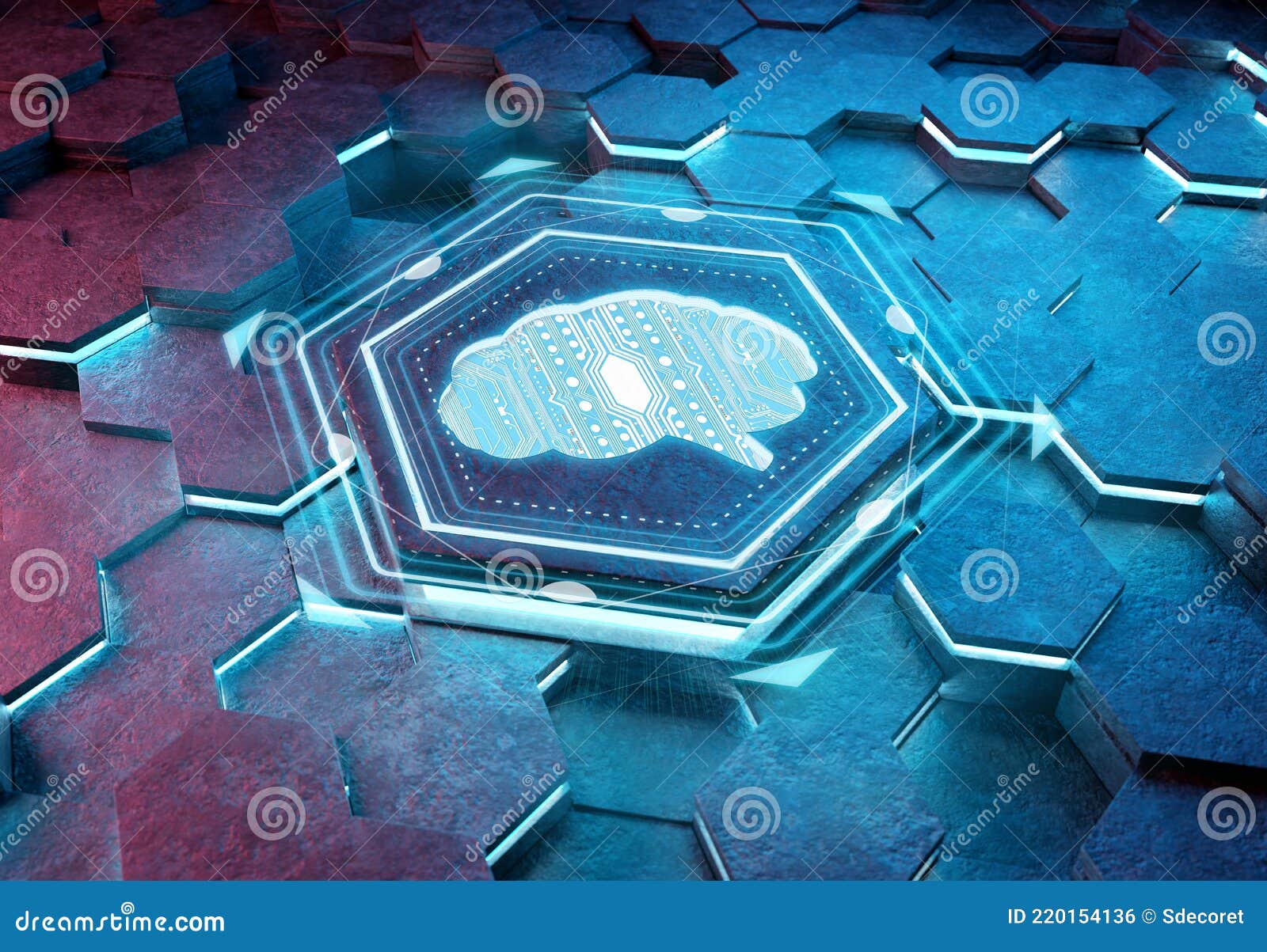 Brain Icon Concept Engraved on Metal Hexagonal Pedestral Background ...