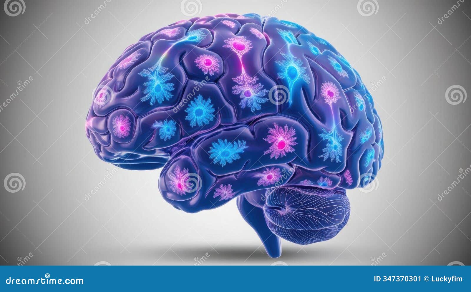 Brain Illuminated with Glowing Fractals of Neuron Activity, Showcasing ...