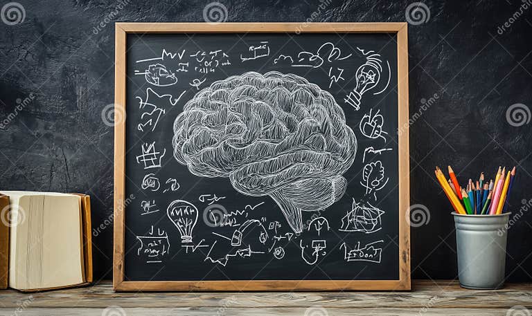 Brain Illustration on Chalkboard with Creative Sketches and Notes ...