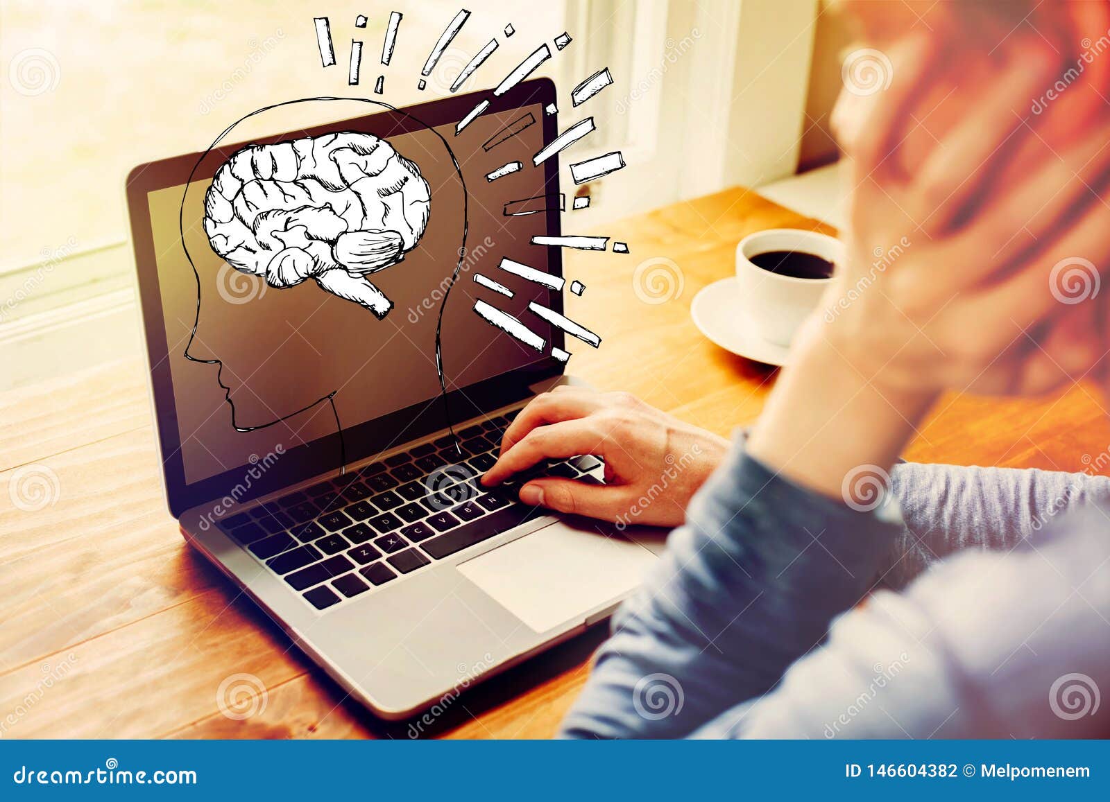Brain Illustration with Man Using a Laptop Stock Photo - Image of ideas ...