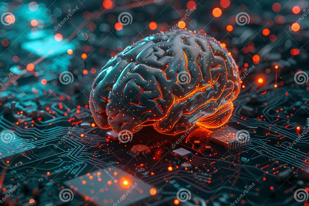 Brain with Installed Chip on Circuit Board Stock Photo - Image of ...