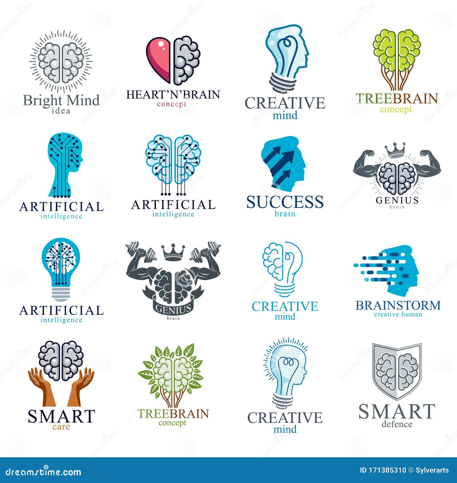 Brain and Intelligence Icons or Logos Concepts Set. Artificial ...