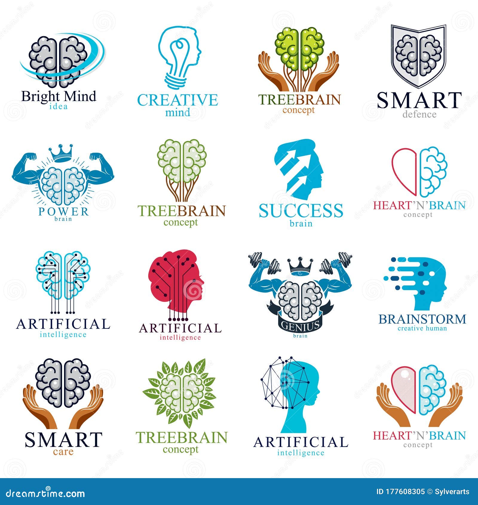 Brain And Intelligence Vector Icons Or Logos Concepts Set. Artificial ...