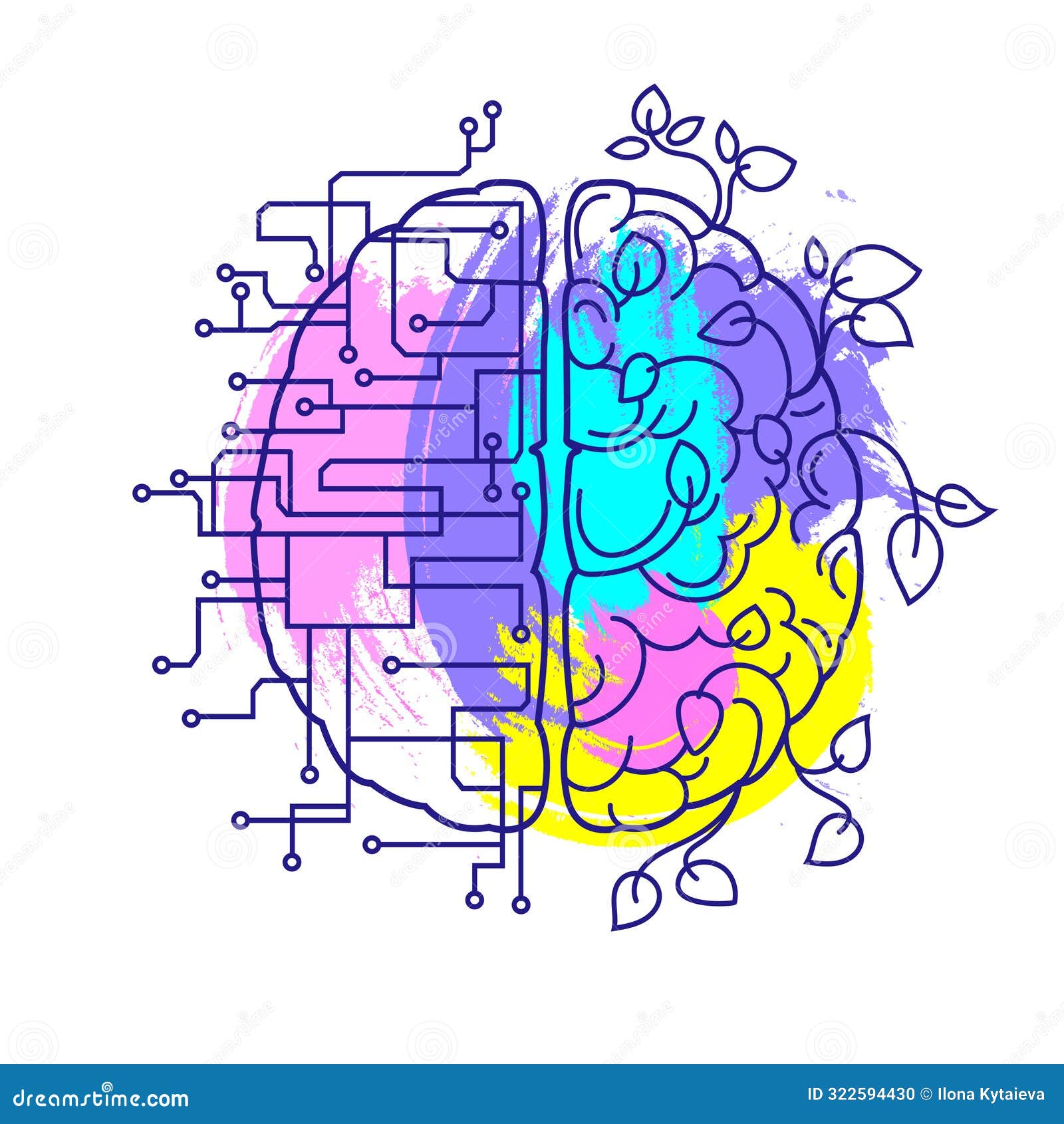Brain with Leaves and Plants and Bionic Robotic Brain with Microchips ...