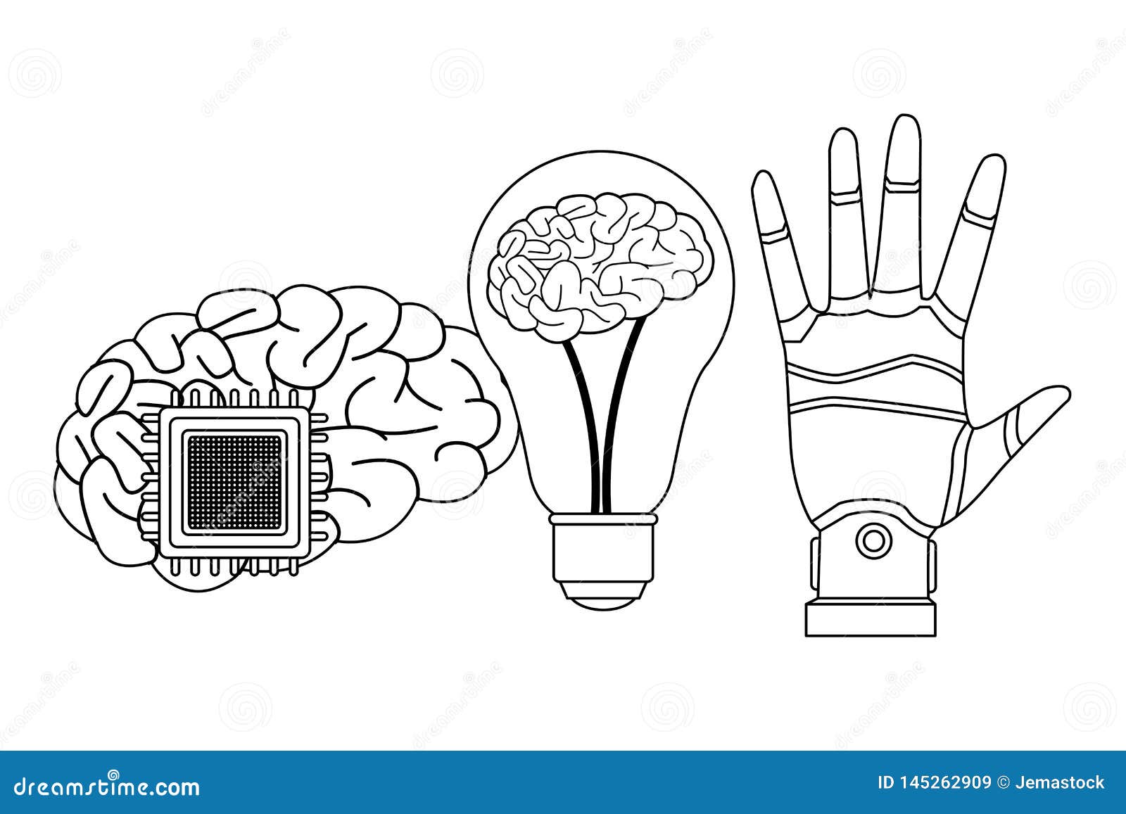 Brain into a Light Bulb and Microchip Black and White Stock Vector ...