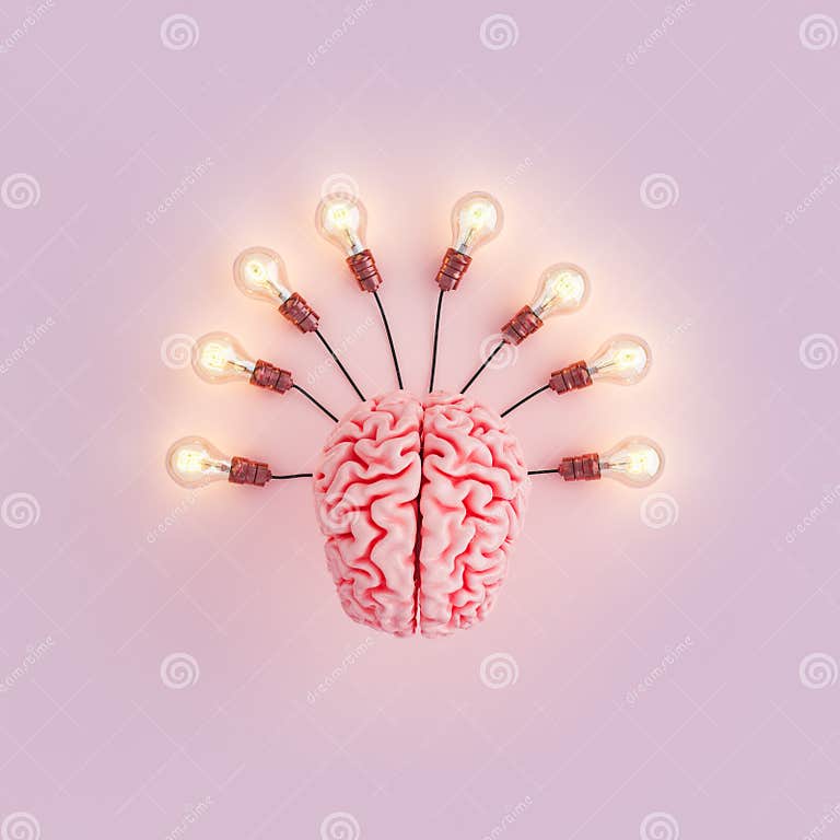 Brain with Light Bulbs Connected and Illuminated Stock Illustration ...