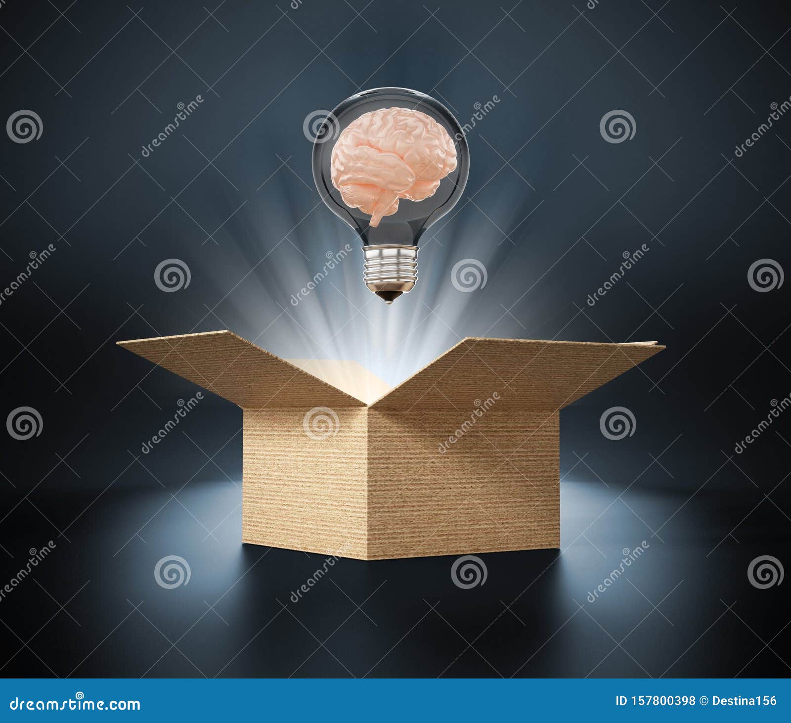 Brain in Lightbulb Coming Out of the Box. 3D Illustration Stock ...