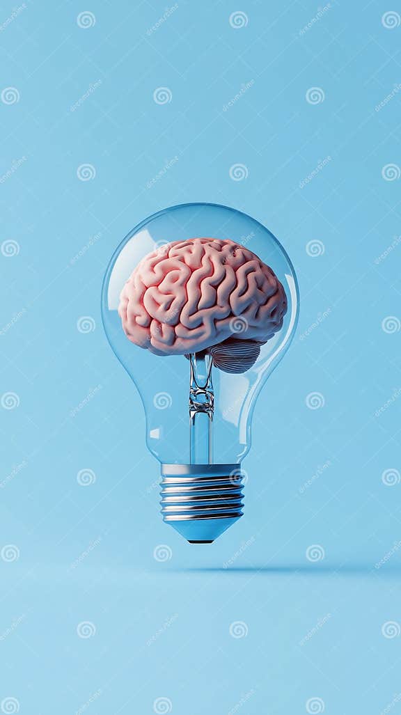 Brain in Lightbulb Concept on Blue Background Stock Illustration ...