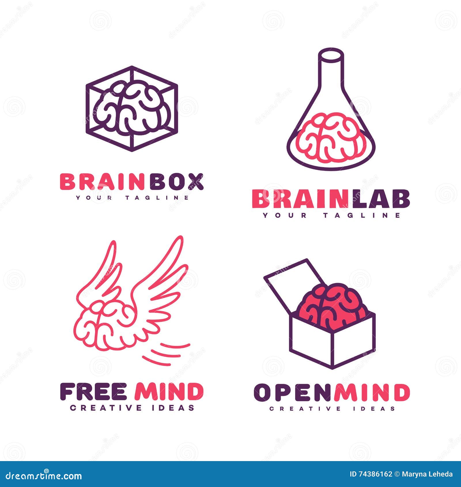 Brain Logos Cartoon Vector Set. Human Body Anatomy Mind Neuroscience ...