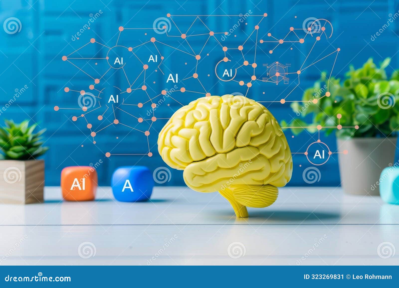 Brain Model with AI Elements on Blue Background, Representing the ...