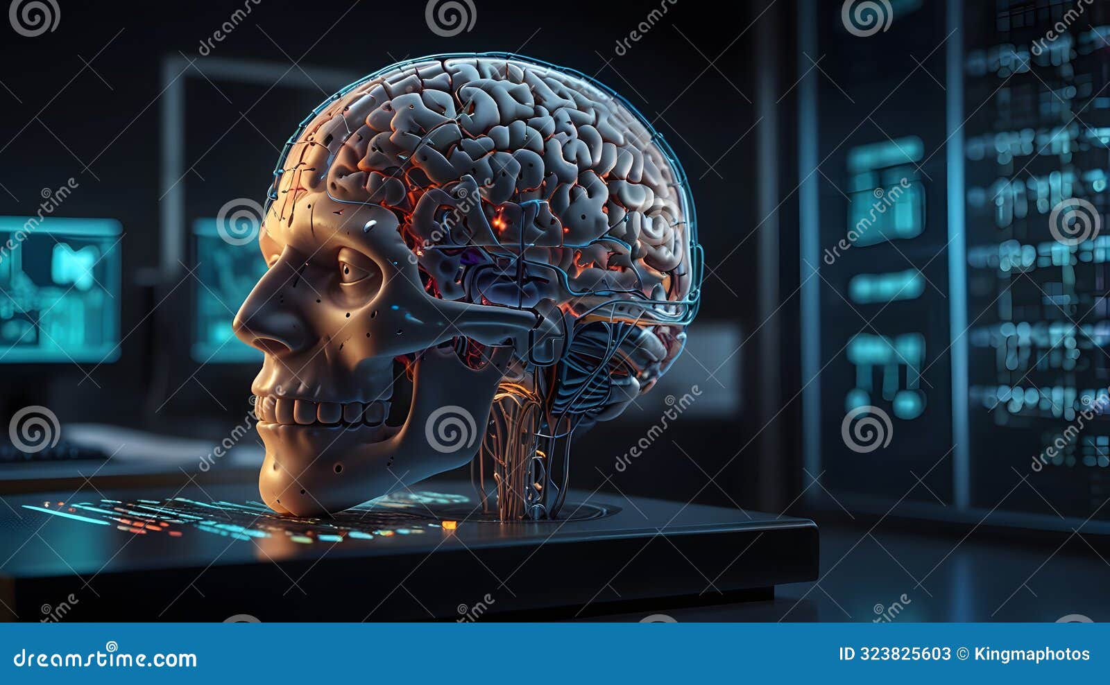 A Brain Model Features a Neural Interface Implant Stock Illustration ...
