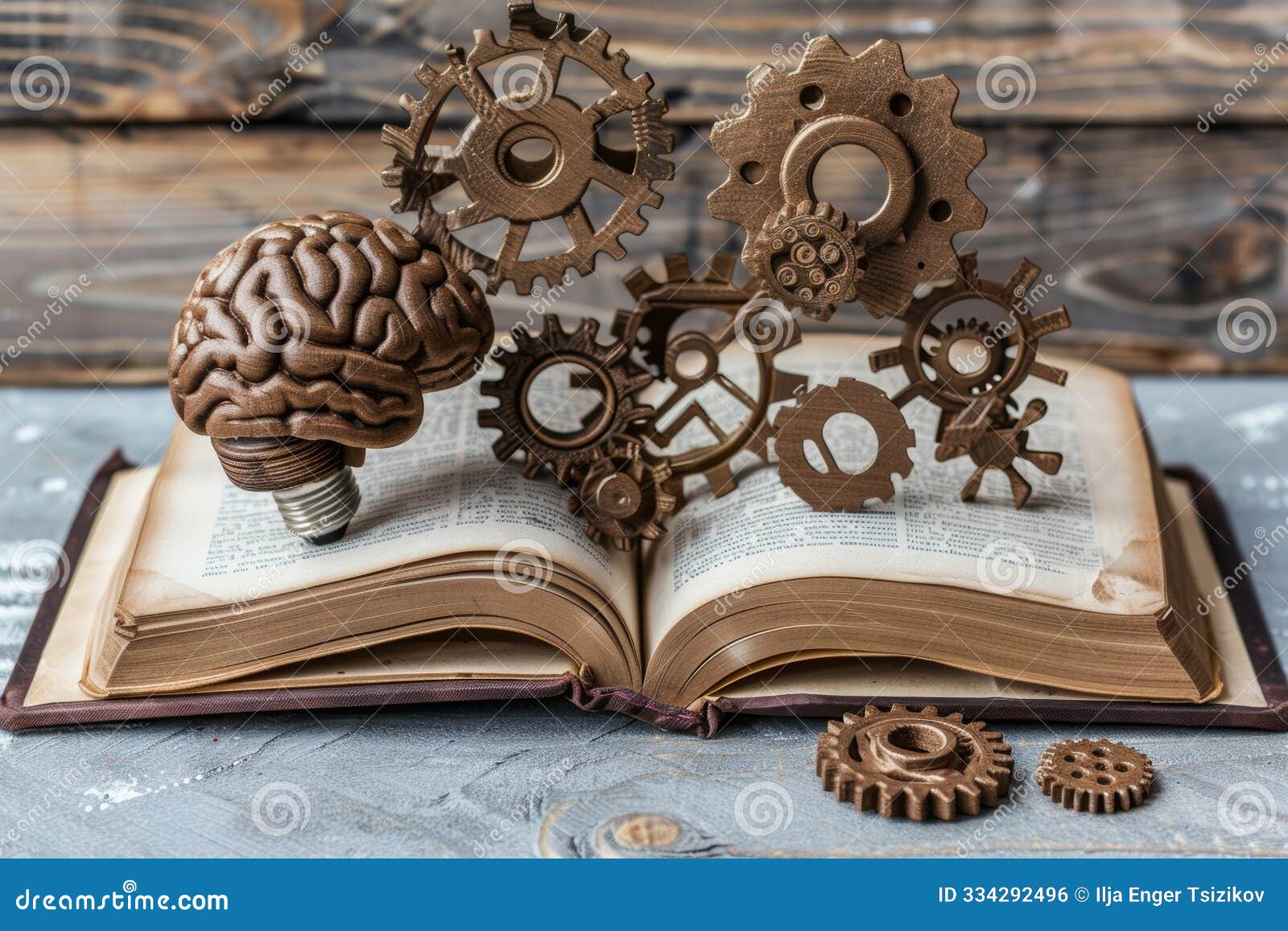 Brain Model, Gears, and Light Bulb on Open Book. Concept of Thinking ...