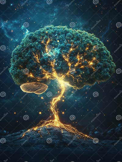 A Brain Morphs into a Tree, Featuring Luminous Neural Branches and ...