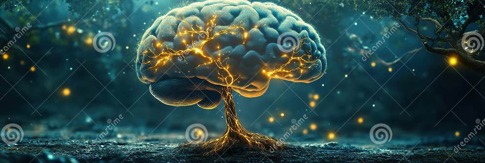 A Brain Morphs into a Tree, Featuring Luminous Neural Branches and ...
