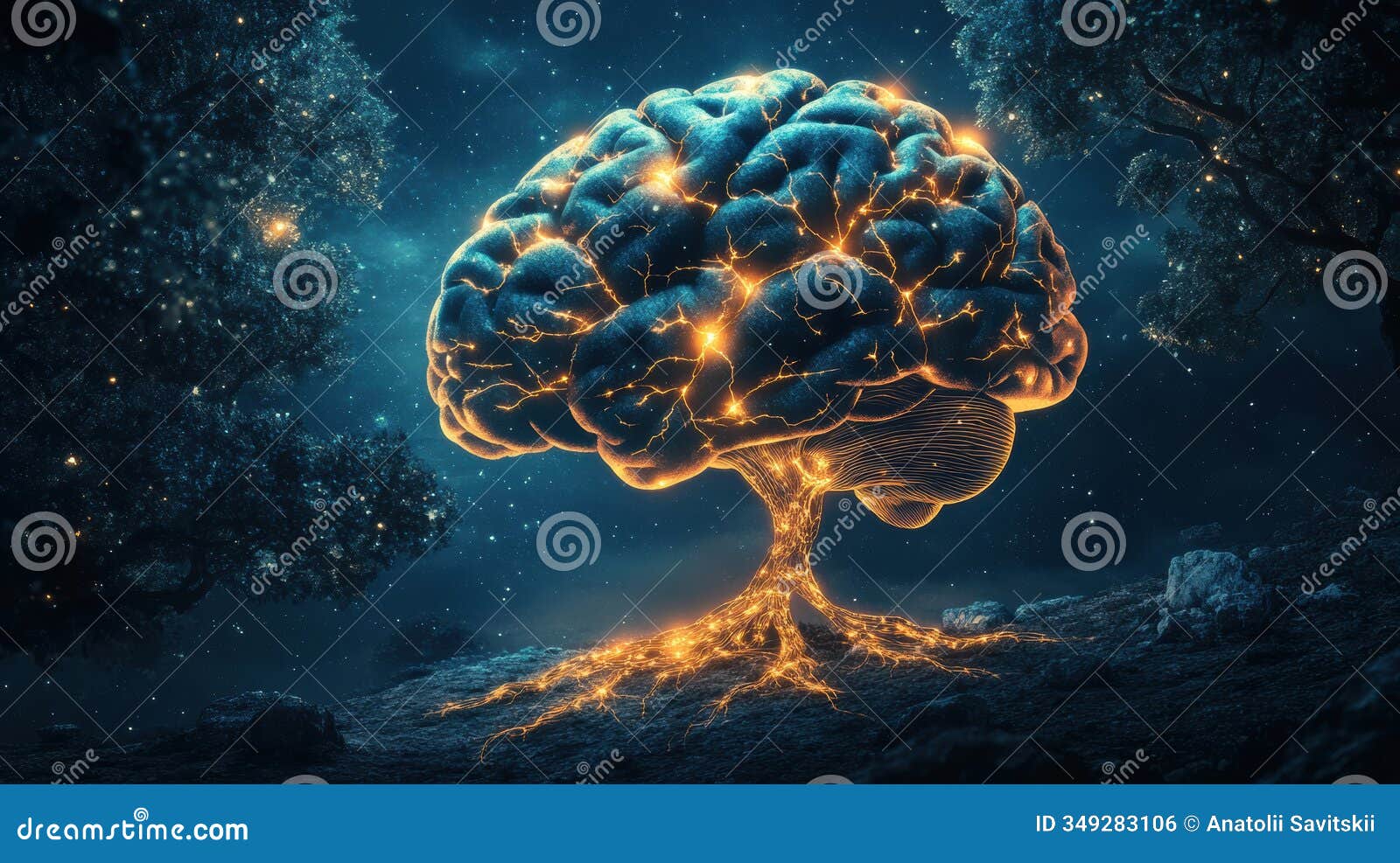 A Brain Morphs into a Tree with Luminous Branches and Roots ...