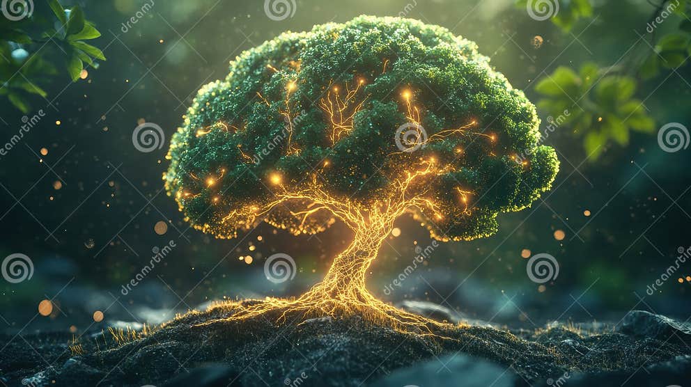 A Brain Morphs into a Tree with Luminous Neural Branches and Roots ...