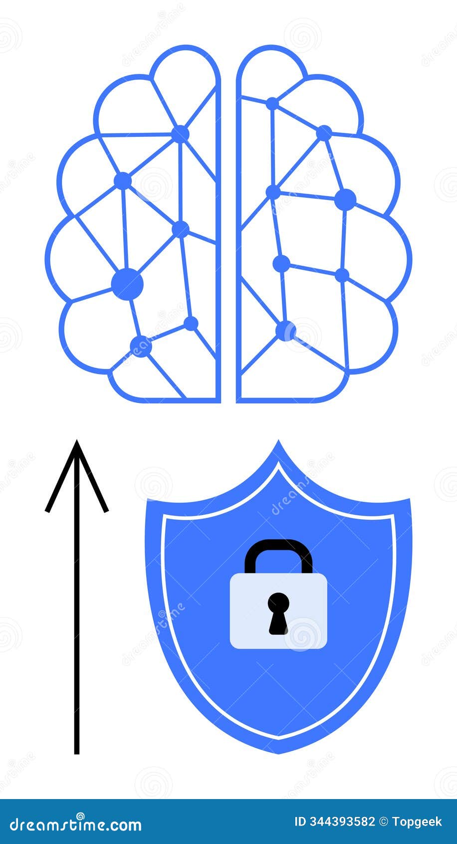 Brain with Network Connections Above a Shield with a Lock and Upward ...