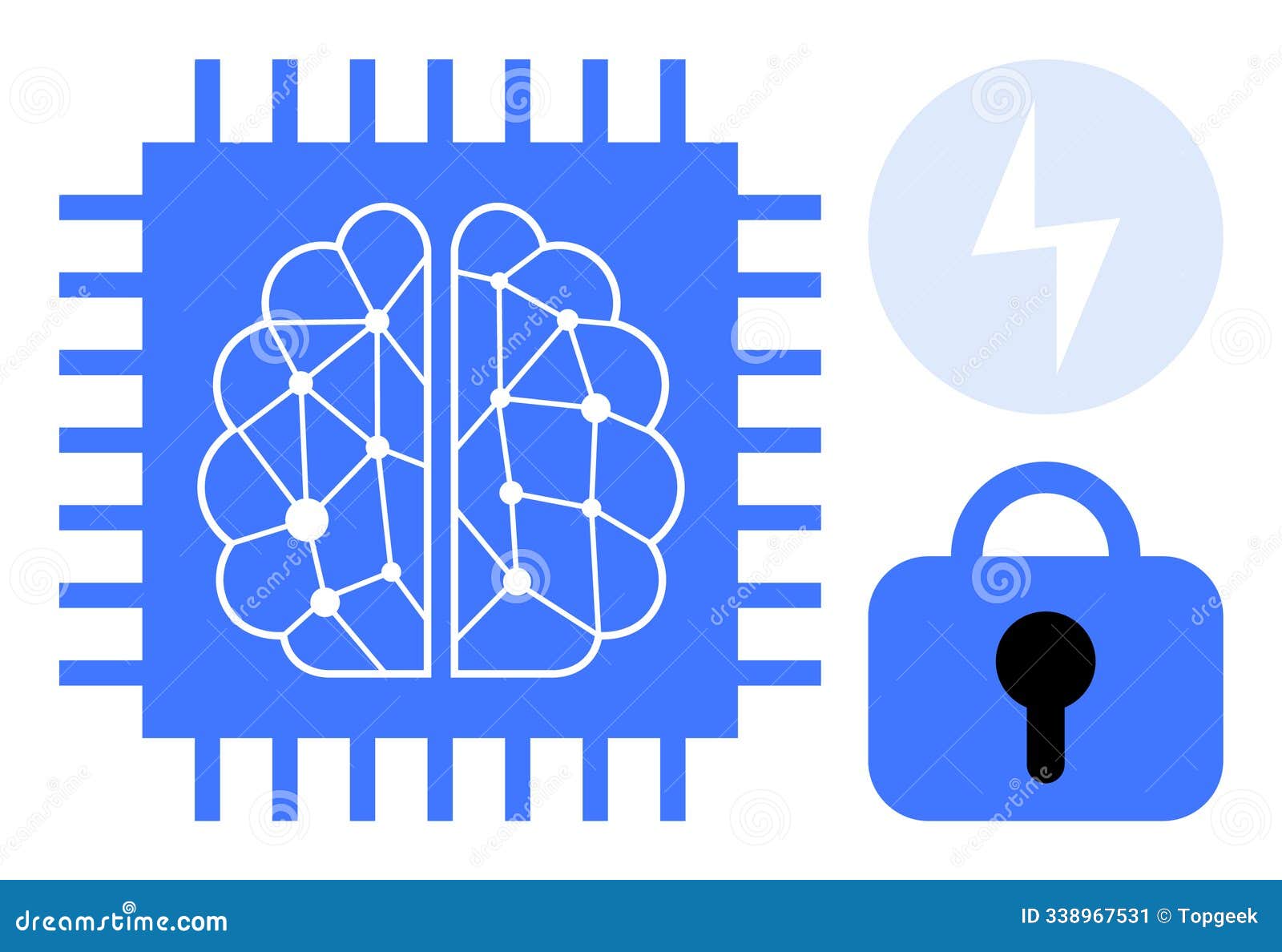 Brain with Neural Network in Microchip with Lightning Bolt and Lock ...