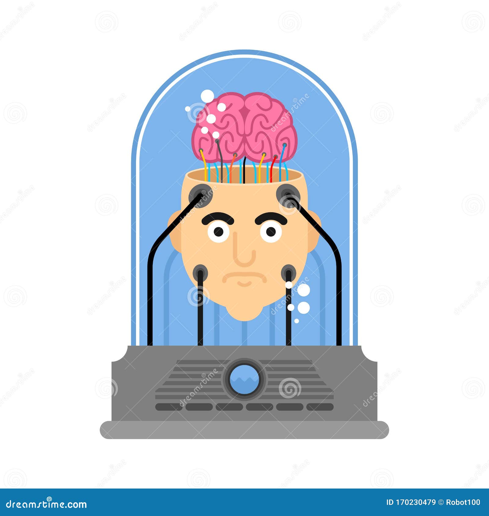 Brain In An Open Head With Wires. Nerve Cell Stimulation Cartoon Vector ...
