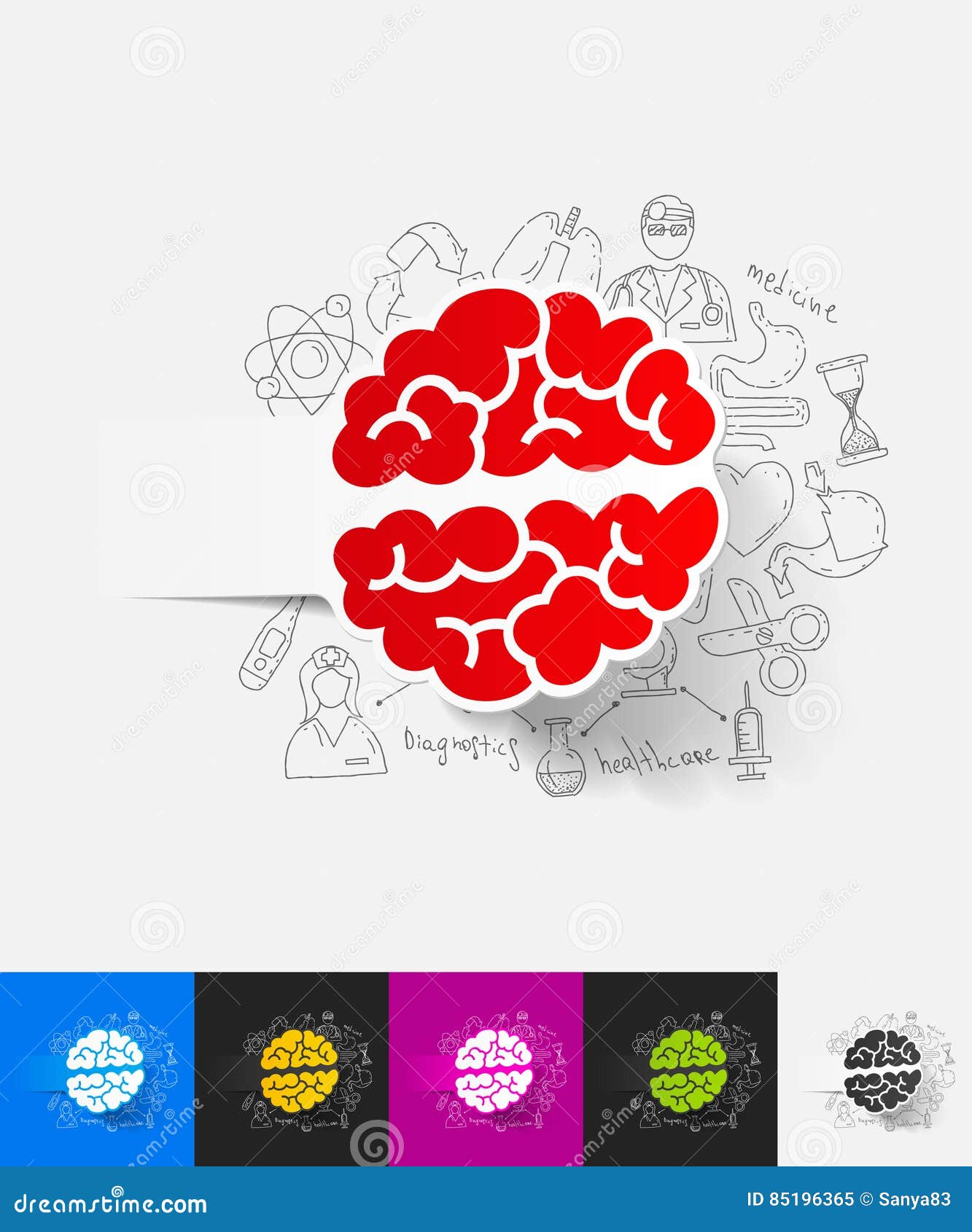 Brain Paper Sticker with Hand Drawn Elements Stock Vector ...