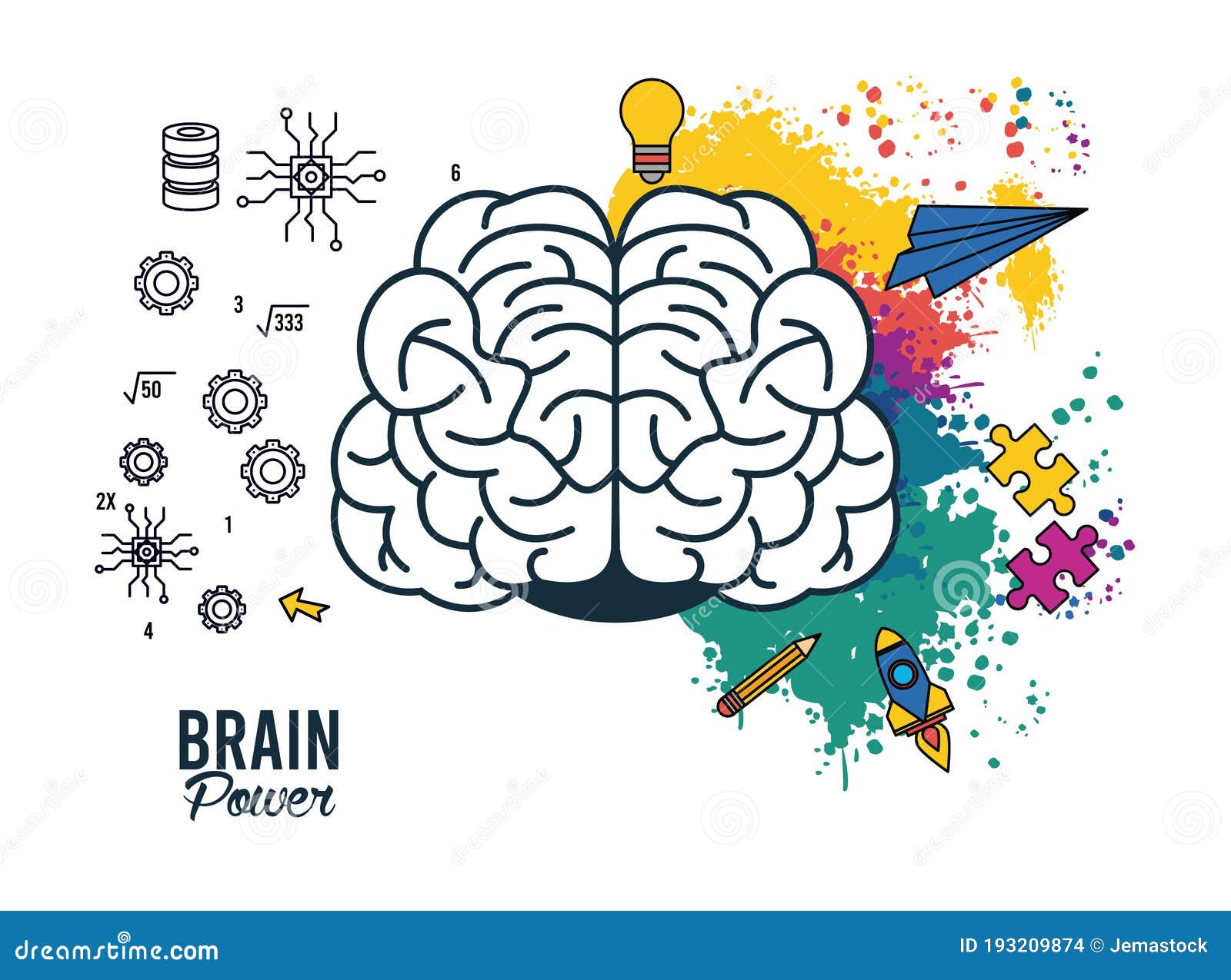 Brain Power Poster with Colors Splash and Set Supplies Stock Vector ...