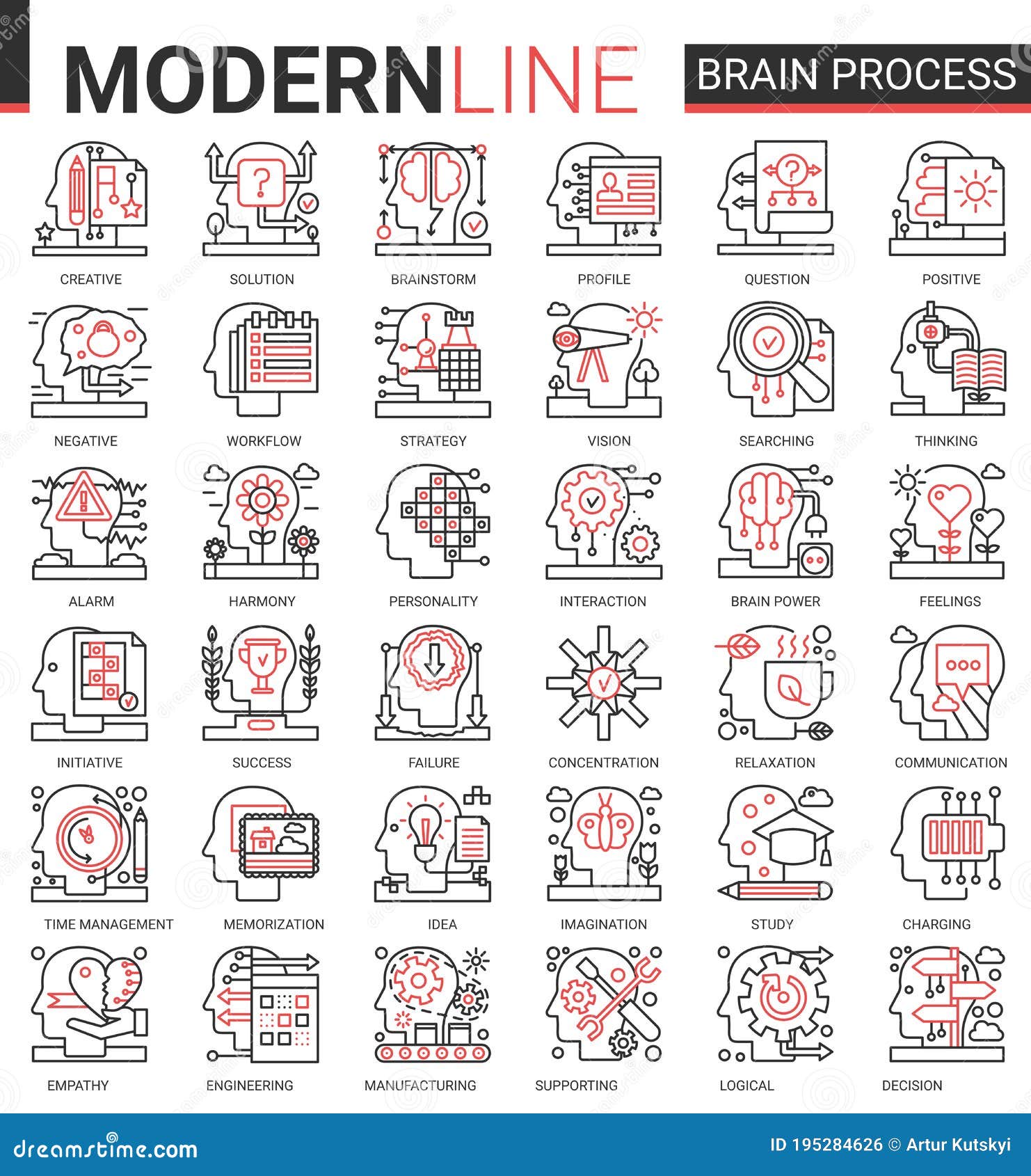 Brain Process Thin Red Black Line Icons Vector Illustration Set with ...