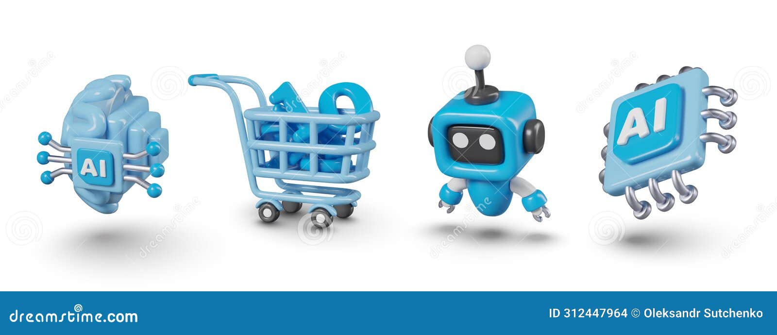 Brain with Processor, Shopping Cart with Numbers, Mini Robot, CPU with ...