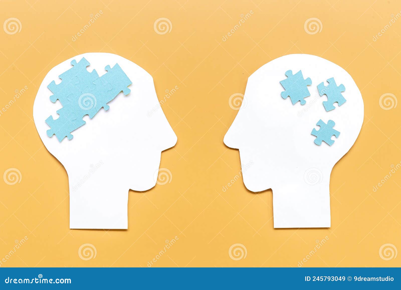 Brain Puzzles on Two Human Heads. Communication and Connection Concept ...
