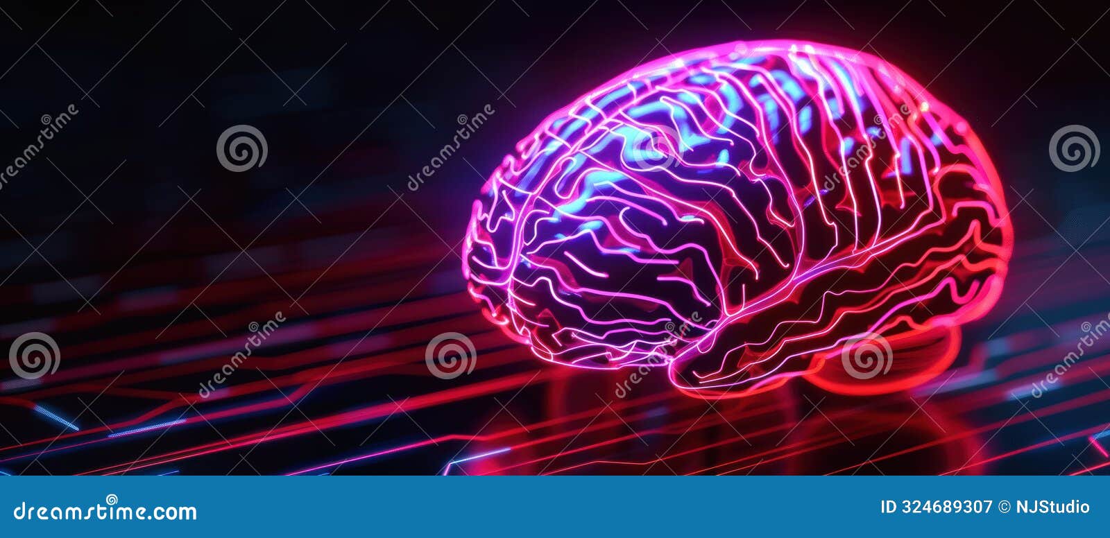 A Brain with Red and Blue Lines is Shown on a Black Background Stock ...