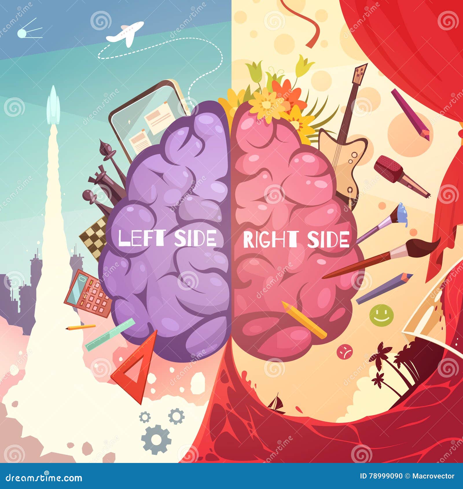 Brain Right Left Sides Cartoon Poster Vector Illustration ...