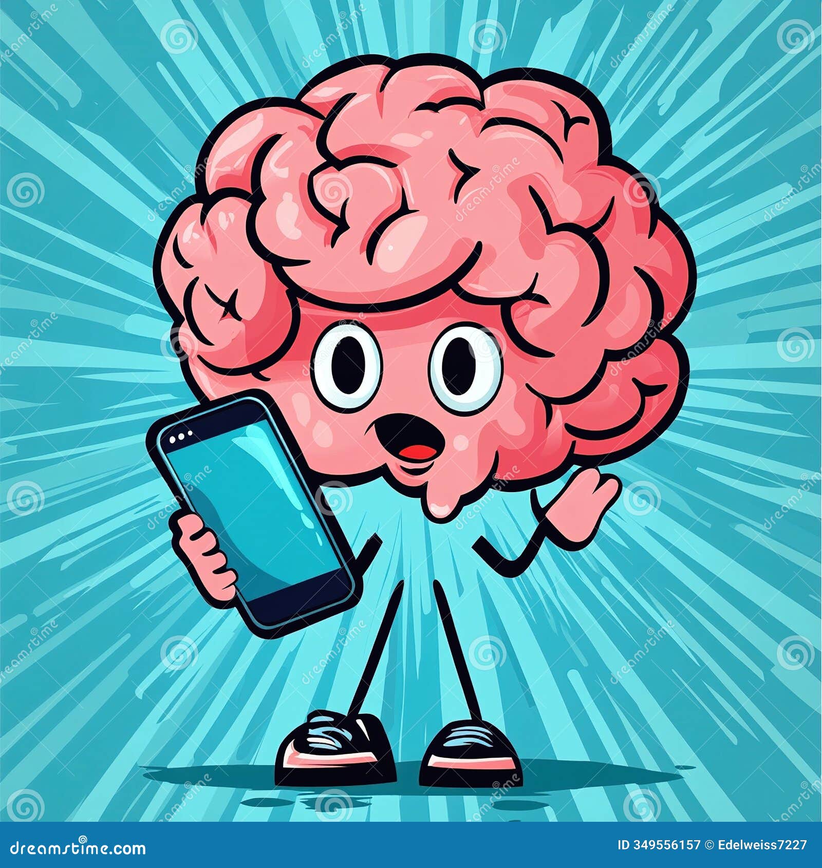 Brain Rot Concept. Comic Illustration of a Brain Holding a Smartphone ...