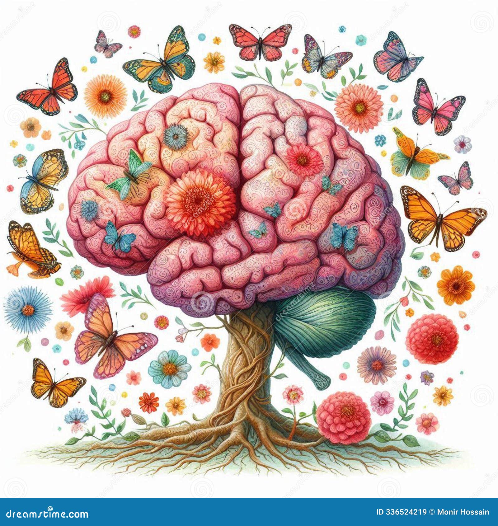 Watercolor Human Brain Tree with Butterflies and Flowers.genarative Ai ...