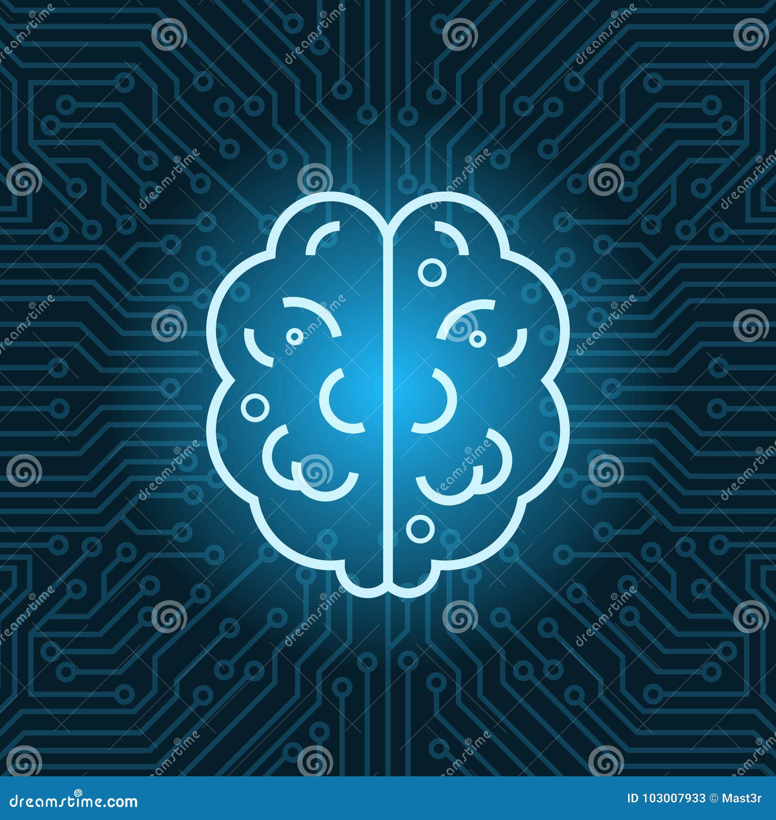 Brain Shape Icon Over Blue Circuit Motherboard Background Top View ...