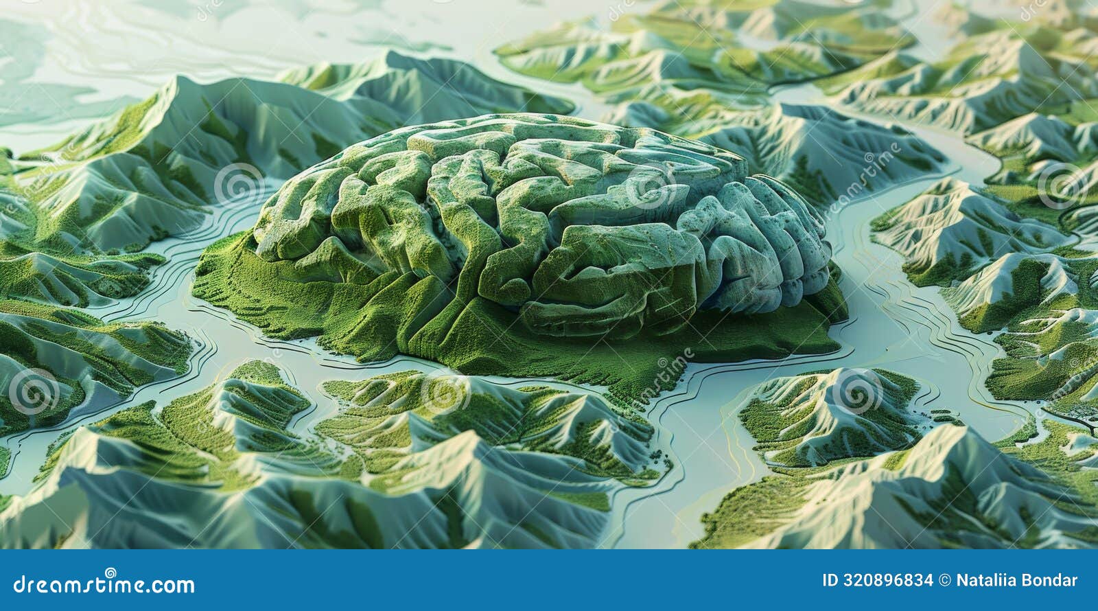 Brain-Shaped Landscape with Green Hills and Rivers, Symbolizing ...