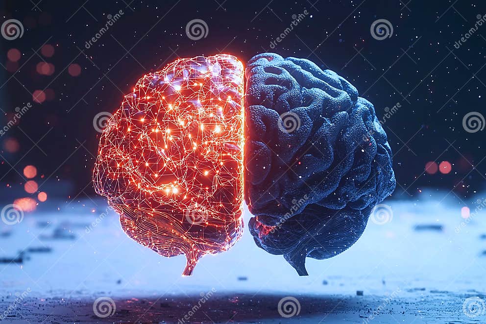 Brain Shaped Neural Network, Glowing with Ethics on One Side, Distorted ...