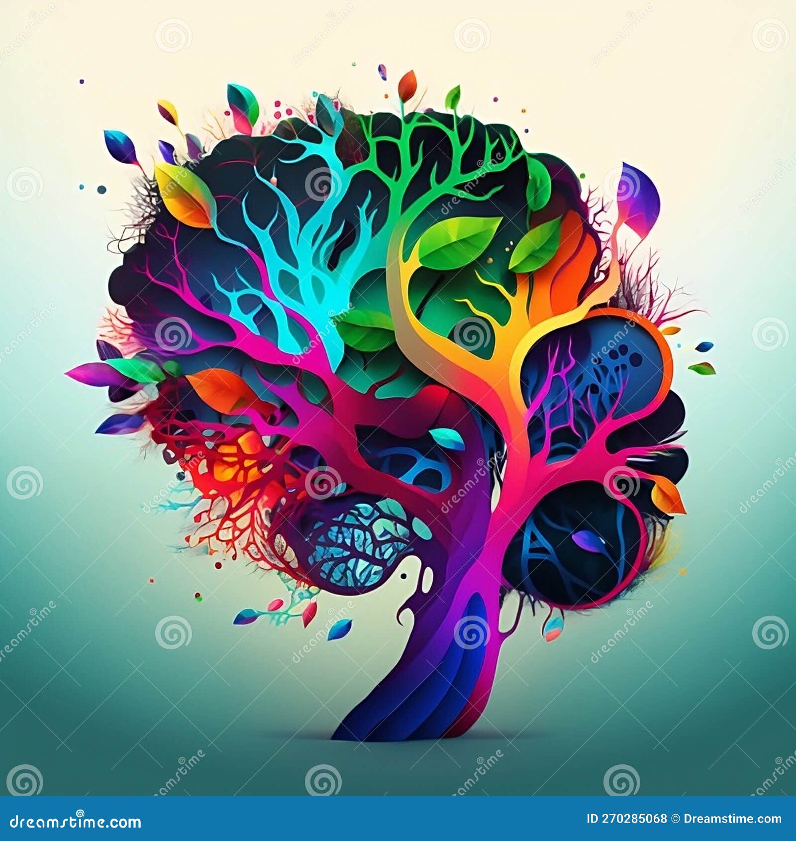 Brain-Shaped Tree Art Illustration with Vibrant Colors and Dynamic ...
