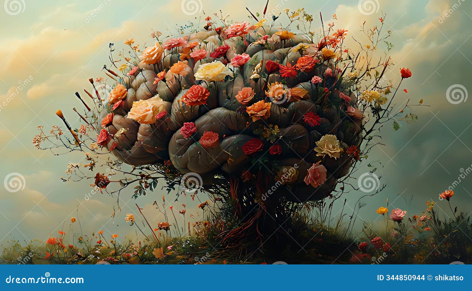 A Brain-shaped Tree with Colorful Roses and Flowers Growing from Its ...