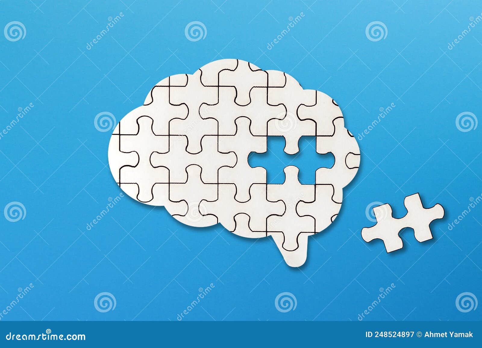Brain Shaped White Jigsaw Puzzle on Blue Background, a Missing Piece of ...