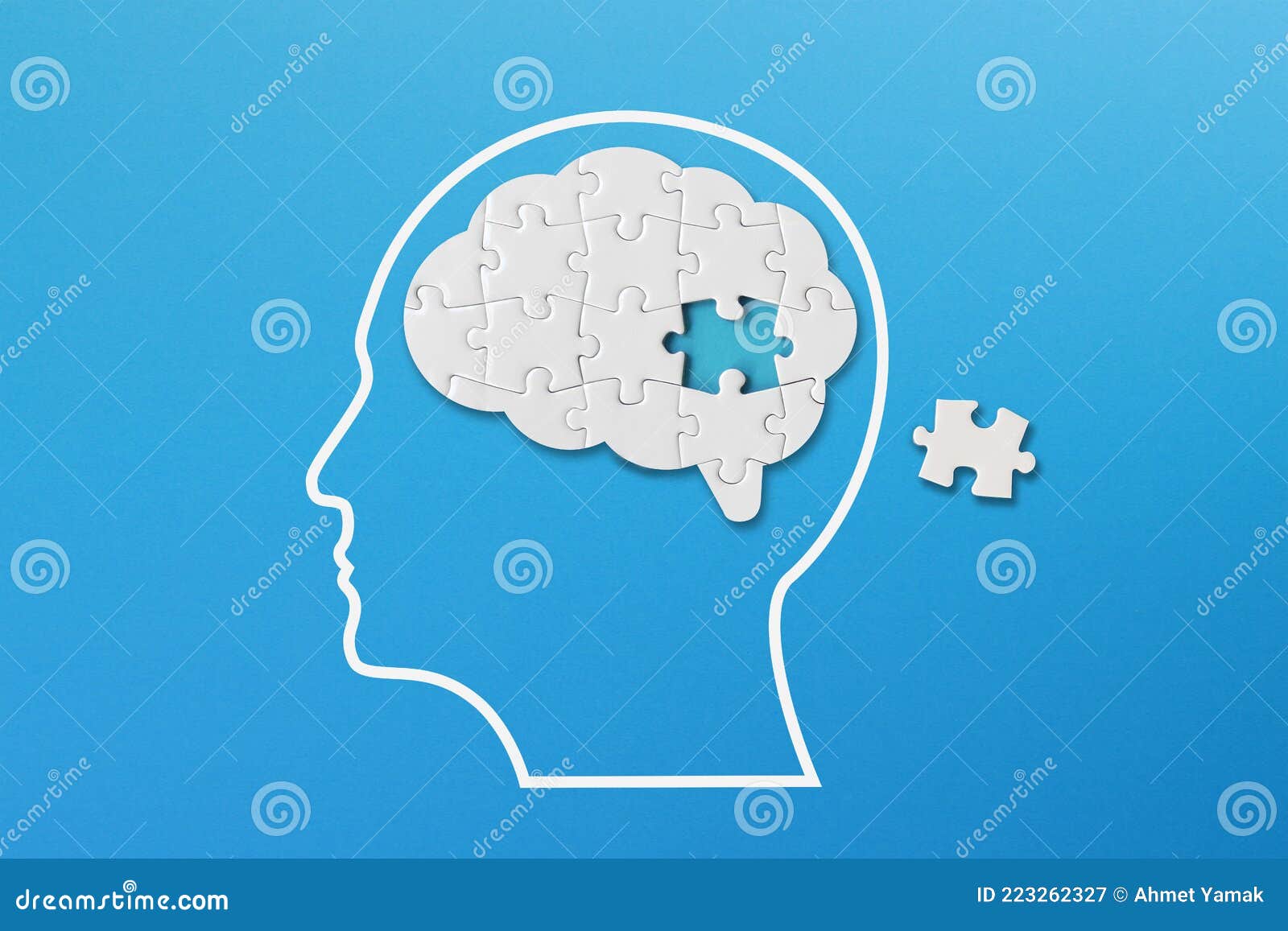 Brain Shaped White Jigsaw Puzzle on Blue Background, a Missing Piece of ...