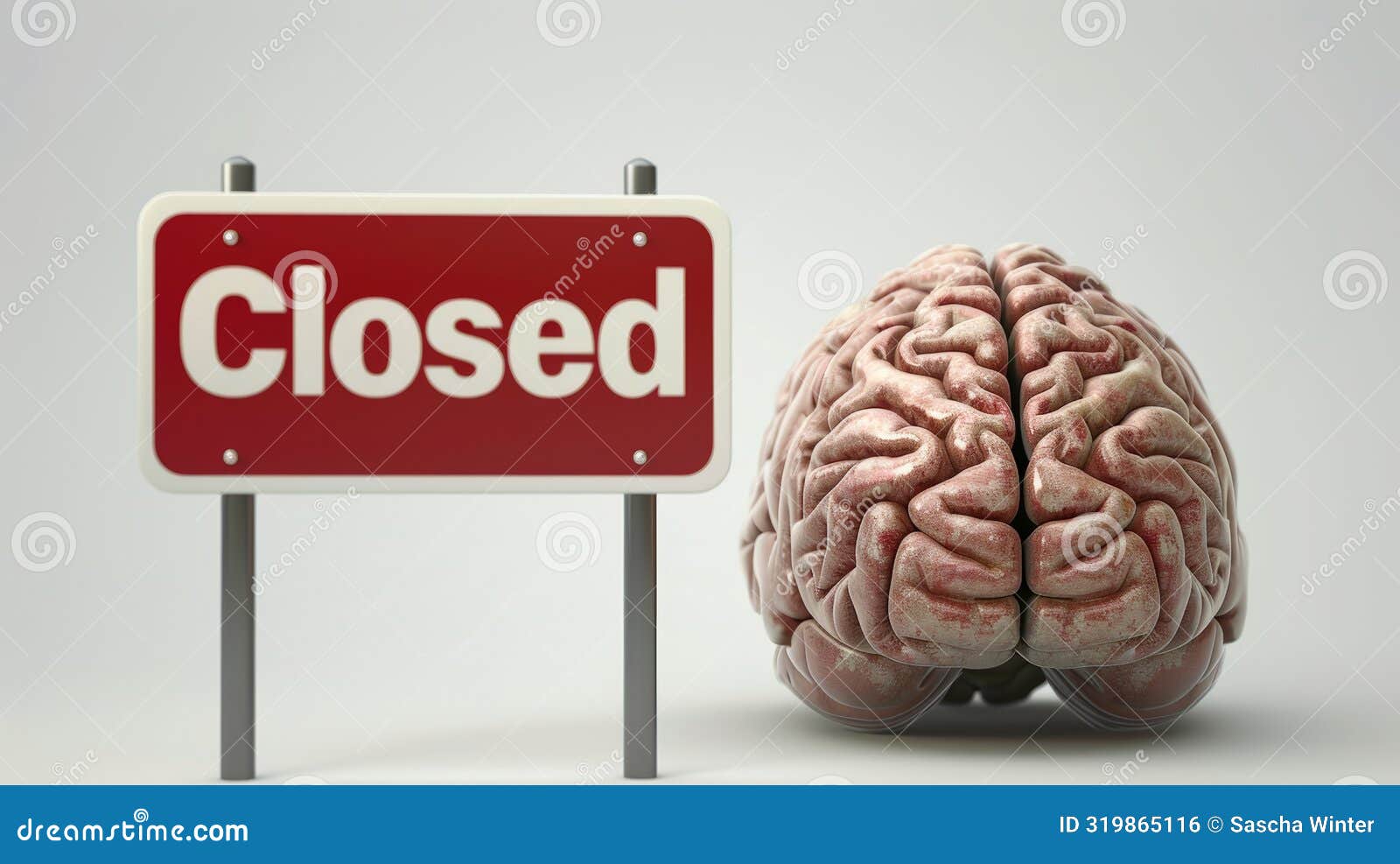 Brain Shutdown: Human Brain with "Closed" Sign Stock Photo - Image of ...