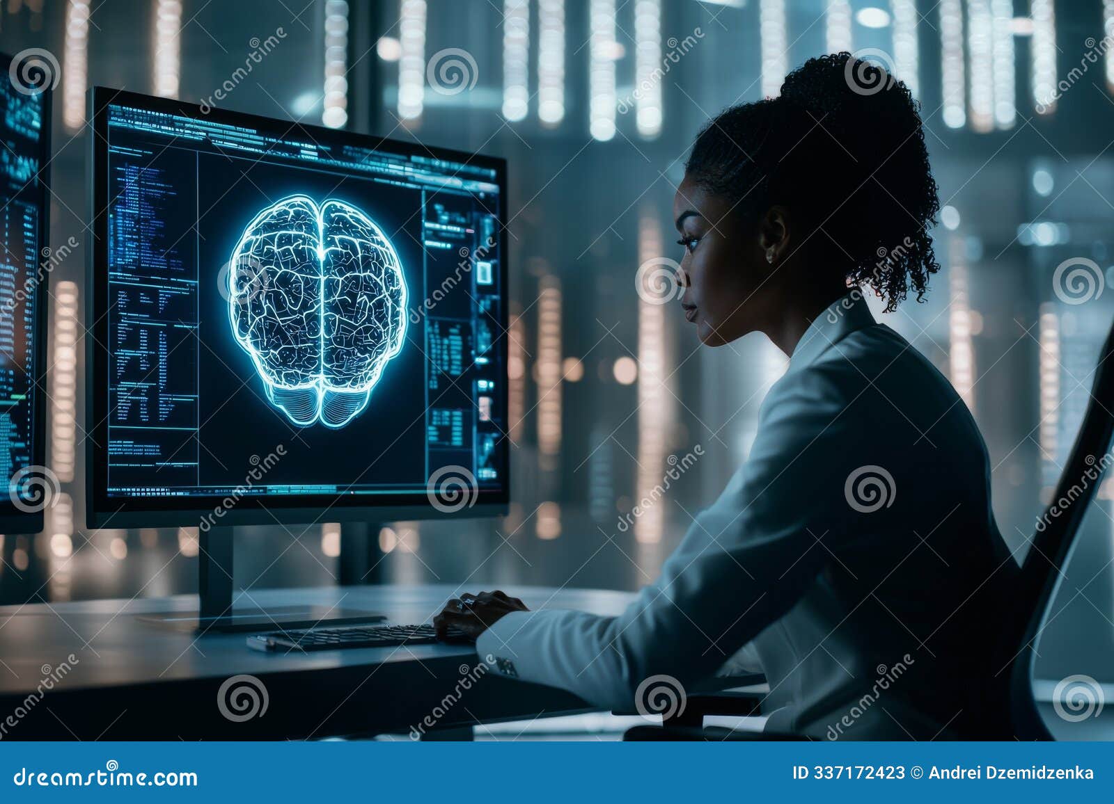 Brain-smart Woman in Future Lab with Digital Brain Interface ...