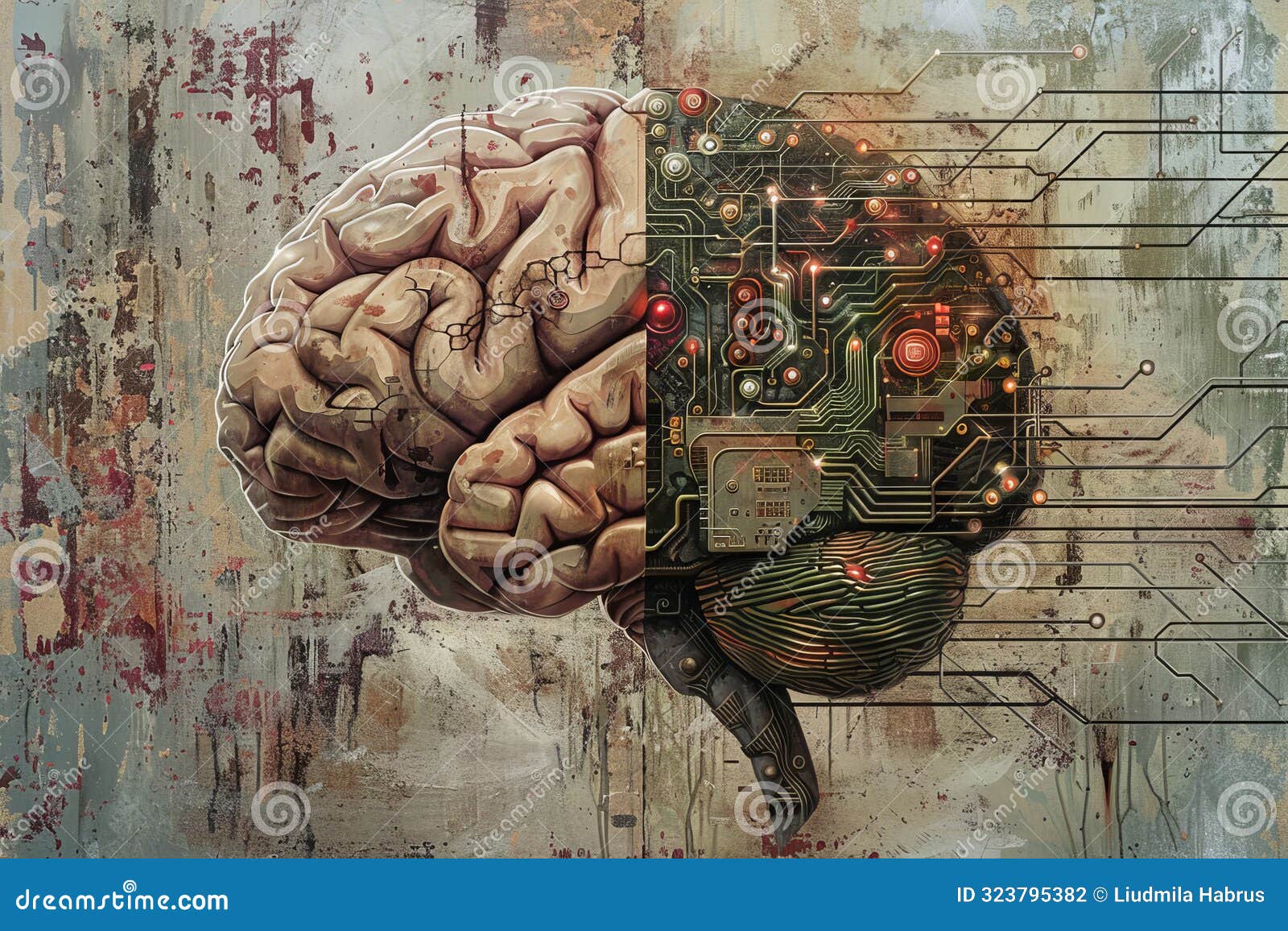 A Brain is Split in Half and the Right Half is Covered in Wires and ...