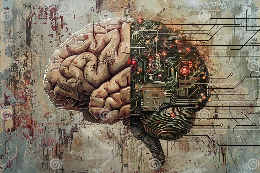 A Brain is Split in Half and the Right Half is Covered in Wires and ...