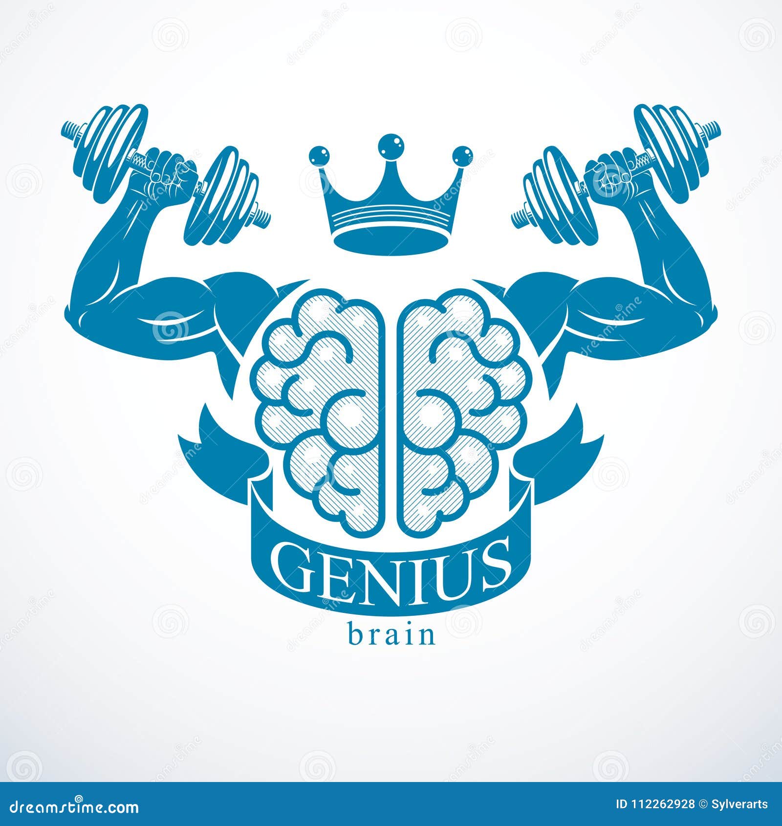 Brain with Strong Bicep Hands of Bodybuilder. Power Brain Emblem Stock ...