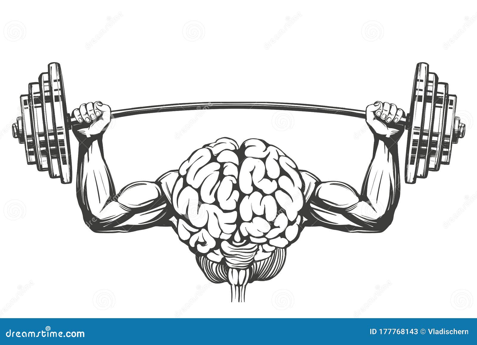 Brain with Strong Hands, Brain Training, Icon Cartoon Hand Drawn Vector ...